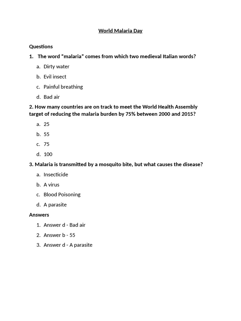 Malaria Quiz: Key Questions & Answers | PDF