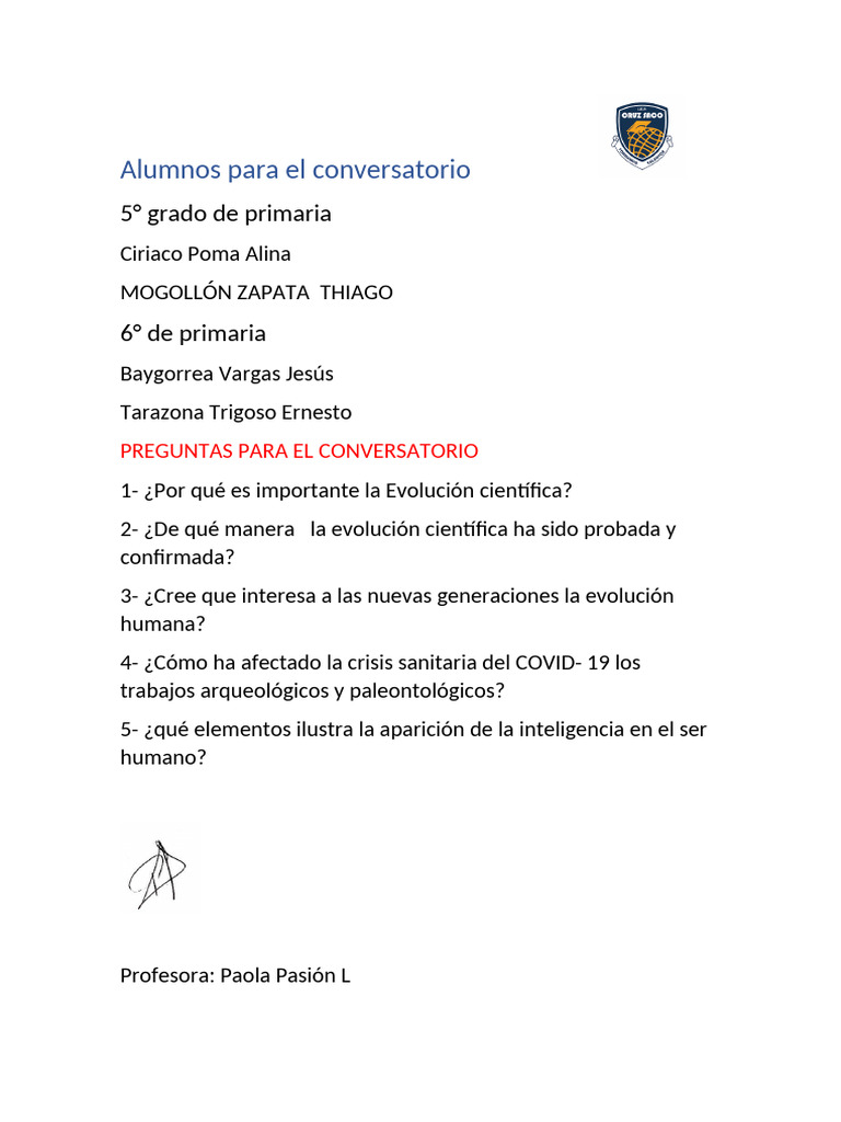 Alumnos para El Conversatorio CRUZ SACO | PDF