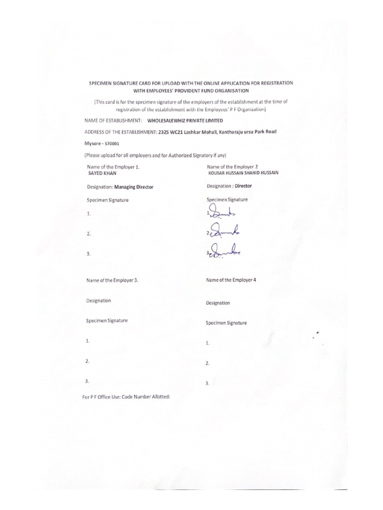 SPECIMEN SIGNATURE CARD FOR UPLOAD WITH THE ONLINE APPLICATION FOR REGISTRATION. Shahid Hussain ...