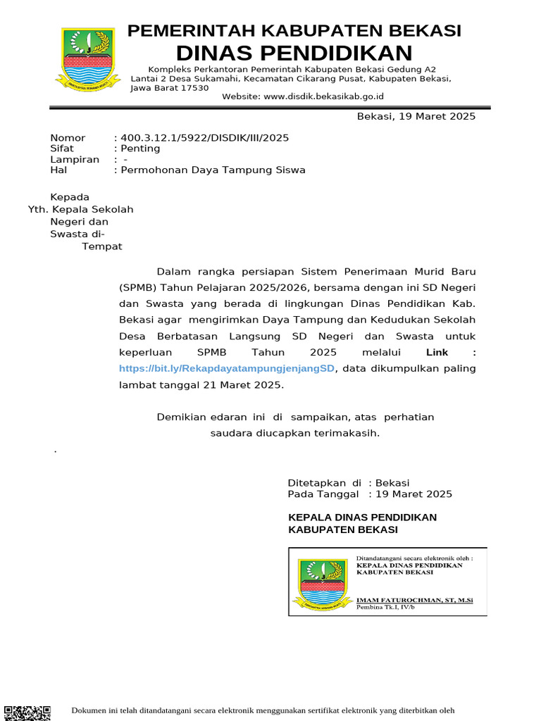 Surat Permohonan Daya Tampung Siswa | PDF