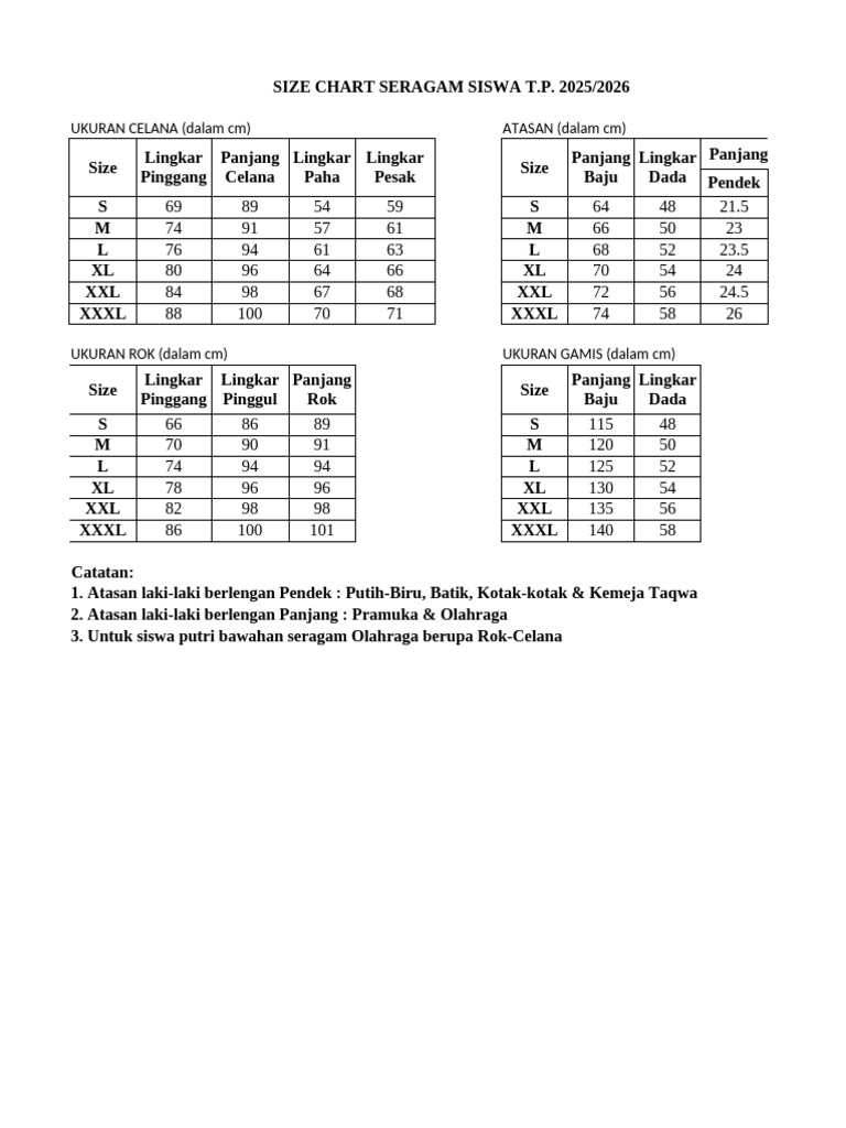 Size Chart Seragam Siswa 2025-2026 | PDF