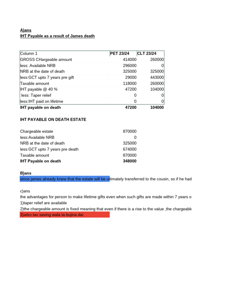 IHT Calculation and Lifetime Gift Benefits | PDF