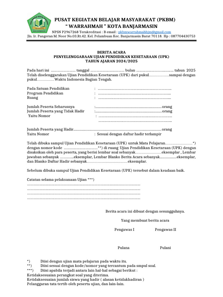 Contoh Berita Acara Pelaksanaan Upk 2025 Final | PDF