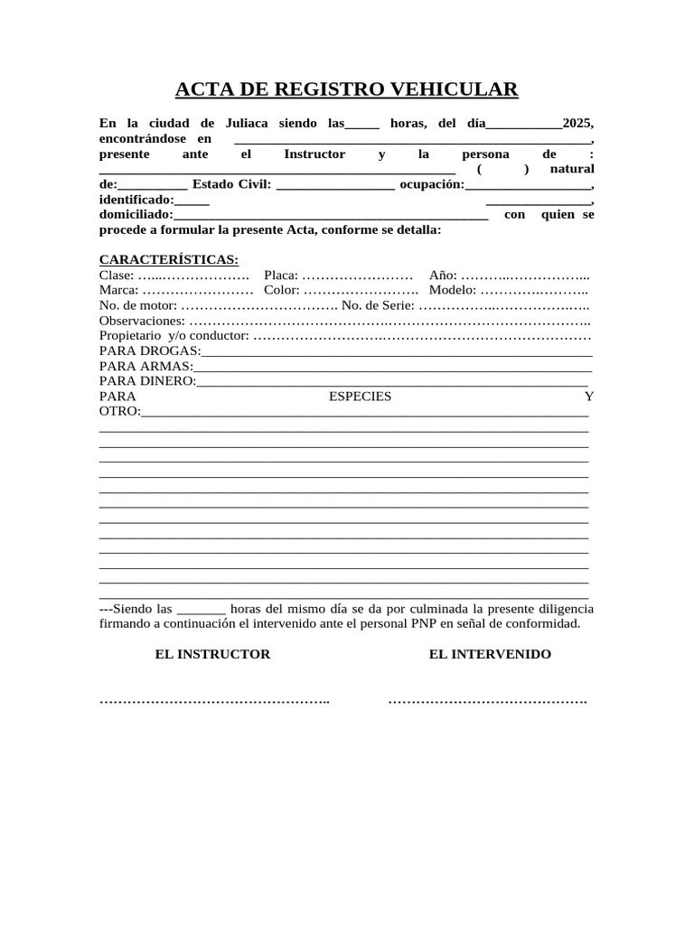 Acta de Registro Vehicular Juliaca | PDF
