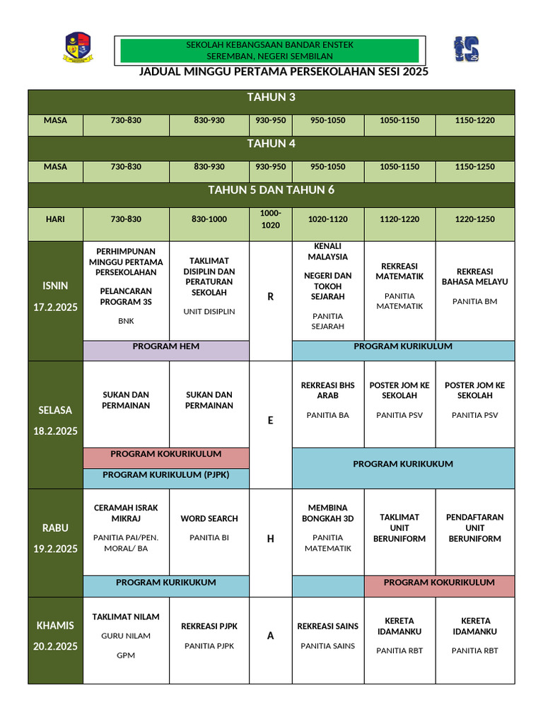 15 FEB PERANCANGAN MINGGU PERTAMA PERSEKOLAHAN 2025 | PDF