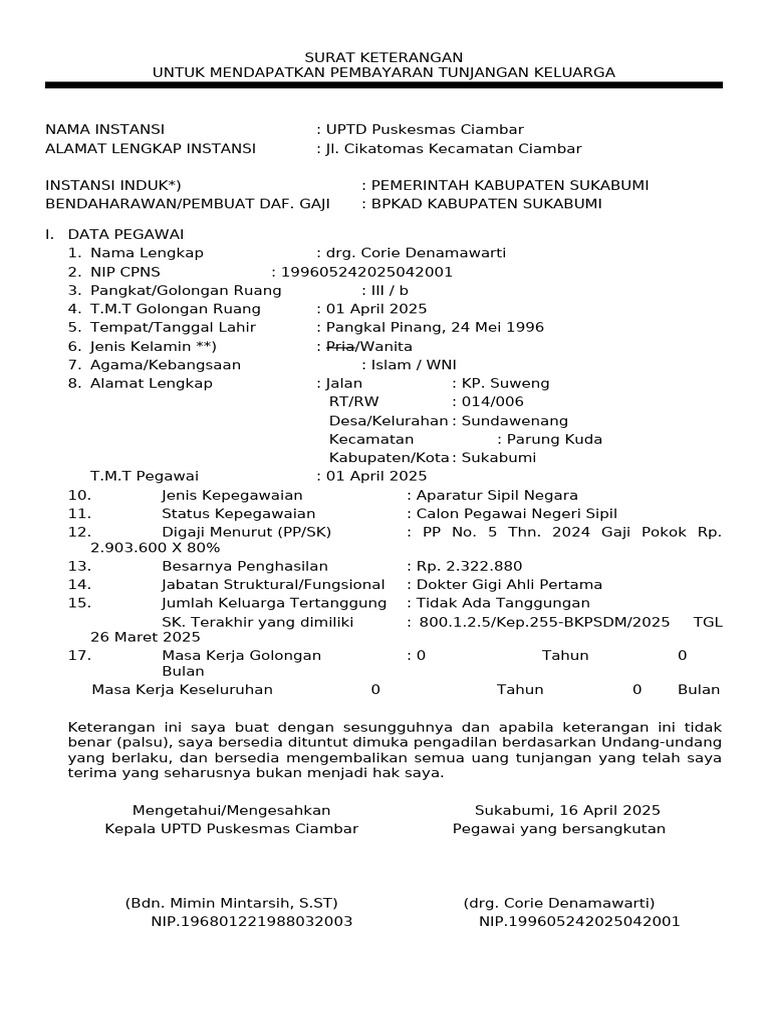 Surat Keterangan Tunjangan Keluarga | PDF
