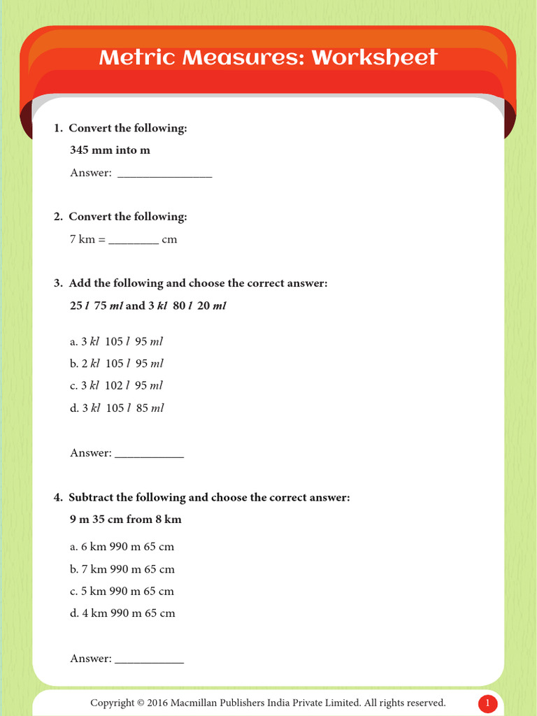 Metric Measures Worksheet | PDF