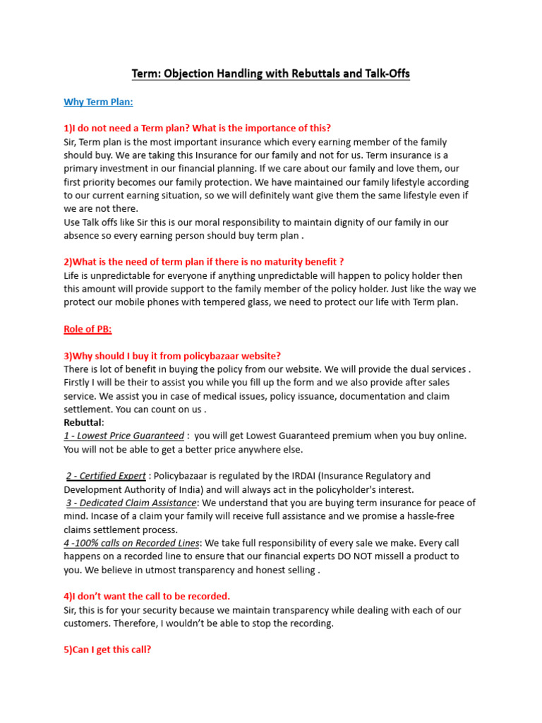 Term - Objection Handling With Rebuttals and Talk-Offs | PDF ...