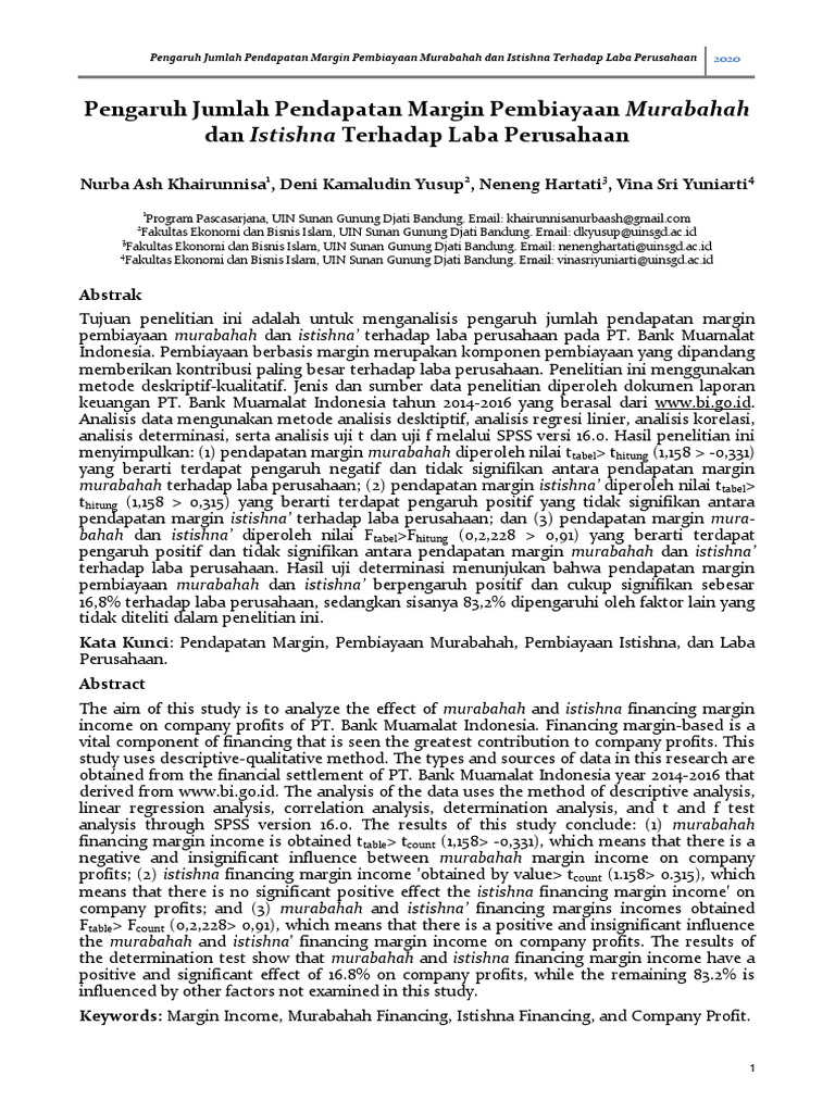 Pengaruh Jumlah Pendapatan Margin Pembiayaan Murabahah Dan Istishna Terhadap Laba Perusahaan | PDF