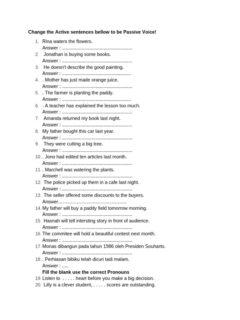 Change the Active Sentences Bellow to Be Passive Voice! | PDF