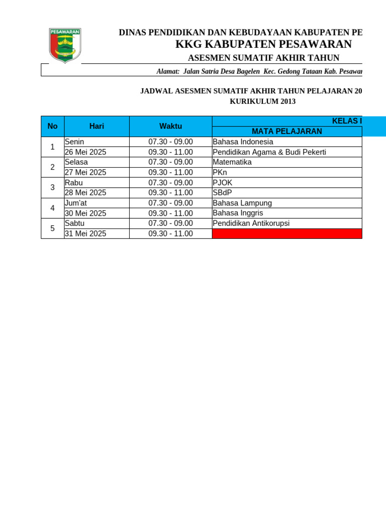 Jadwal Asesmen Sumatif Akhir Tahun Tp 2024-2025 | PDF