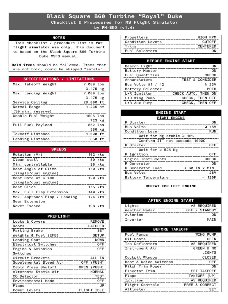 B60 Turbine Duke Checklist & Procedures Quickview (Simplified) v1.4 ...