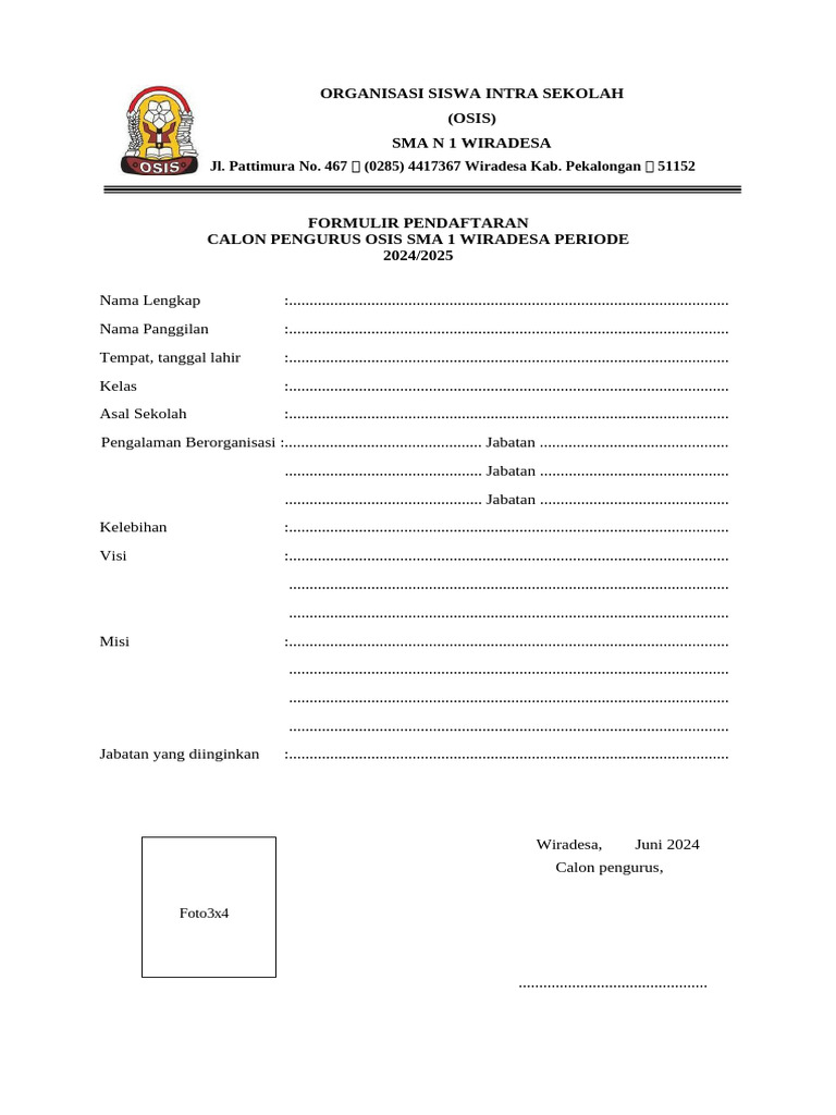 Formulir Pendaftaran Osis Fixx Baru | PDF