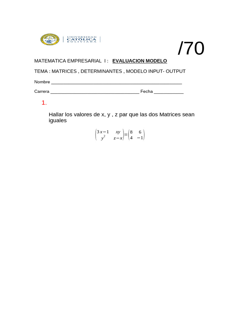Matrices Modelo de Examen | PDF | Matriz (Matemáticas) | Álgebra