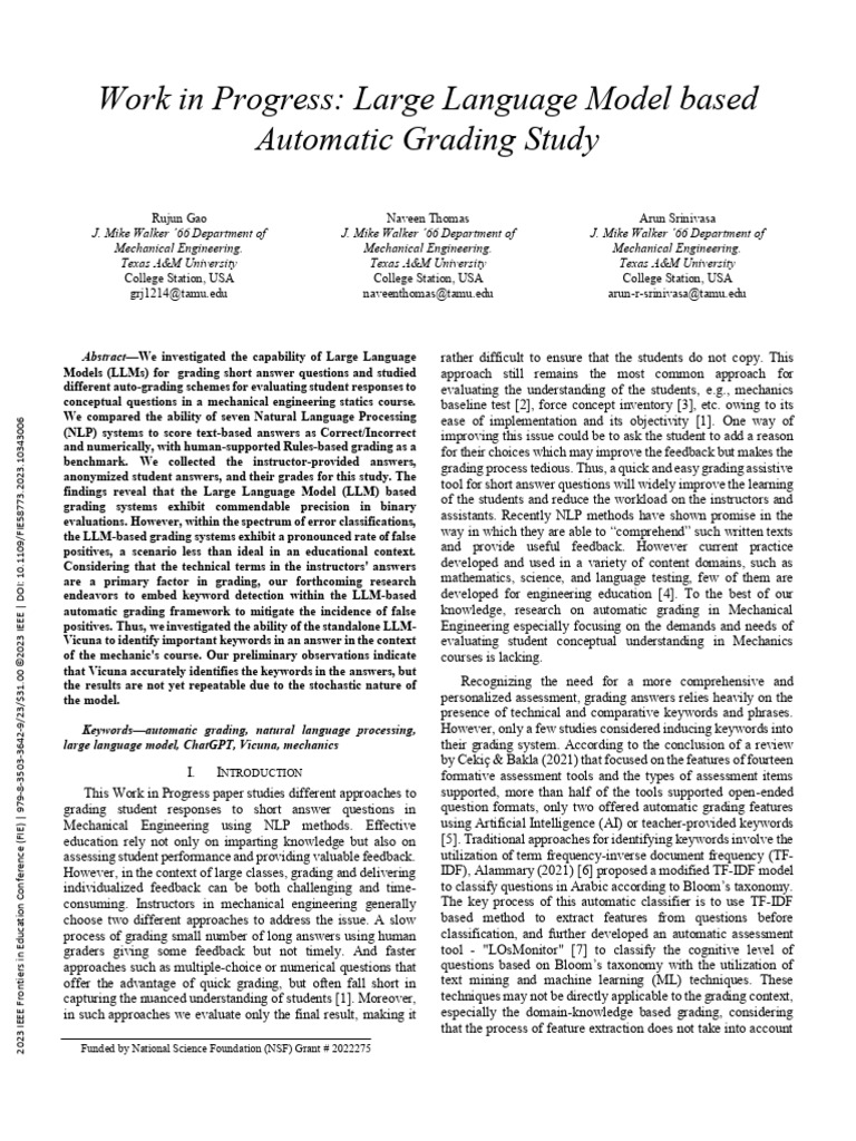 Work in Progress - Large Language Model Based Automatic Grading Study ...