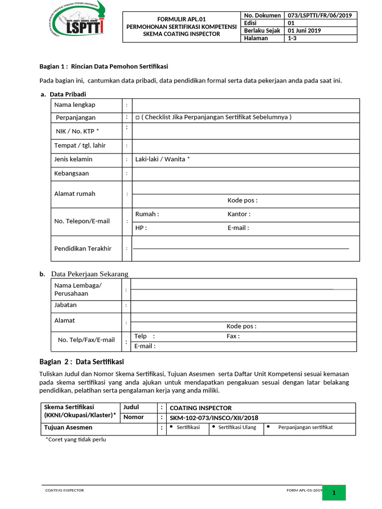 Permohonan Sertifikasi Coating Inspector | PDF