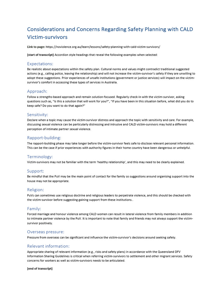 Safety Planning With CALD Victim Survivors | PDF | Violence | Intimate ...