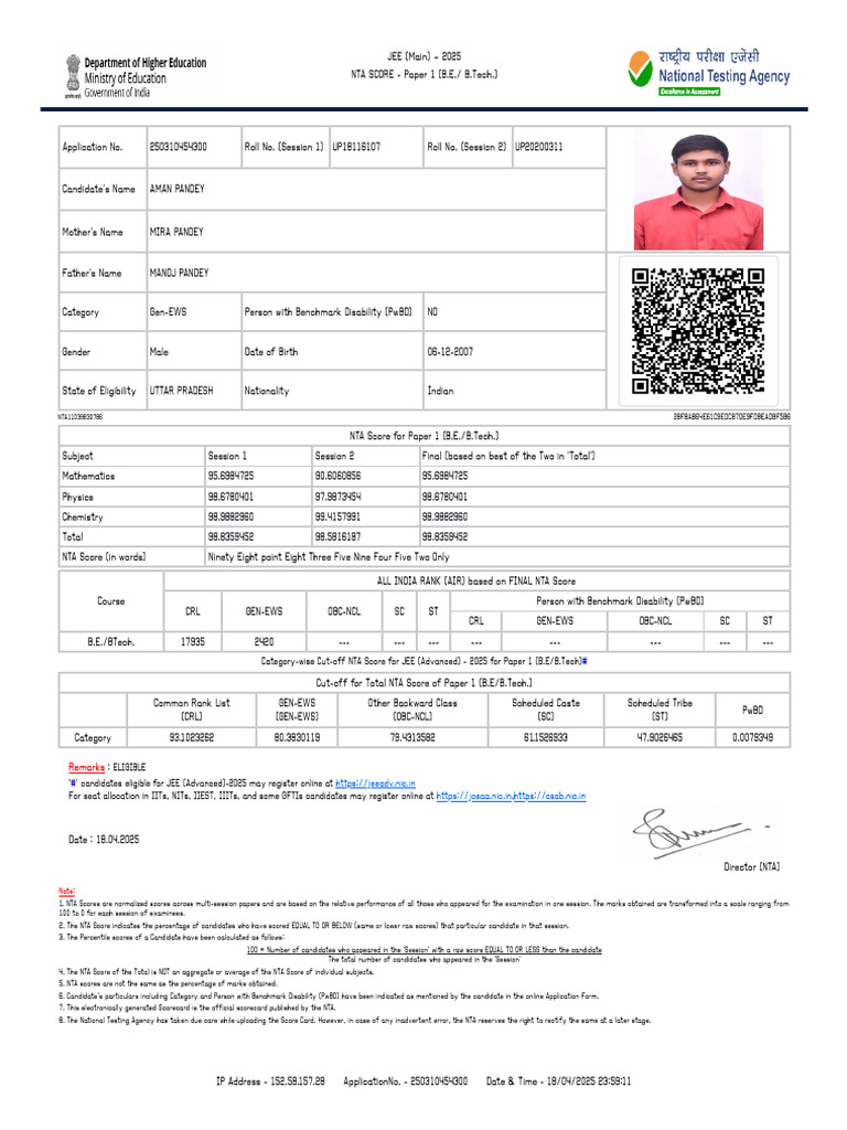 JEE MAINS 2025 Scorecard | PDF | Qualifications | Student Assessment ...