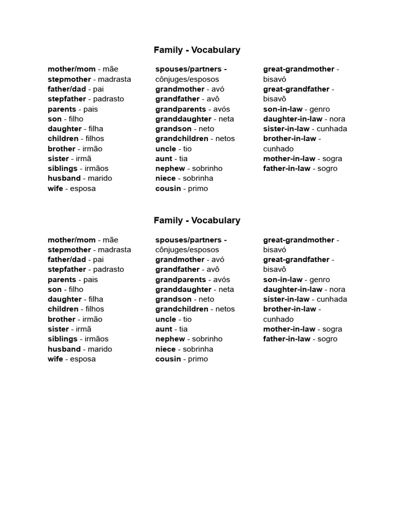 Family Vocabulary in English and Portuguese | PDF