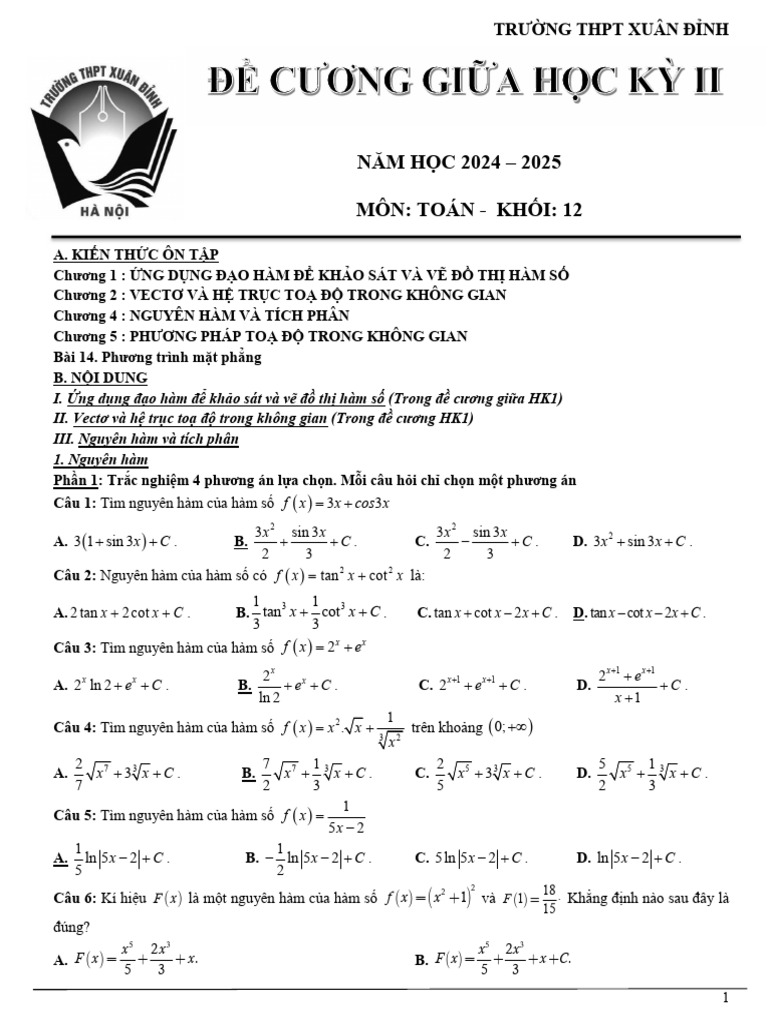 Đ.A ĐÊ CƯƠNG GHK2_TOAN 12_2024-2025 | PDF