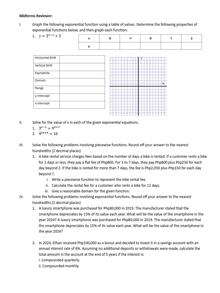 Exponential and Piecewise Function Review | PDF