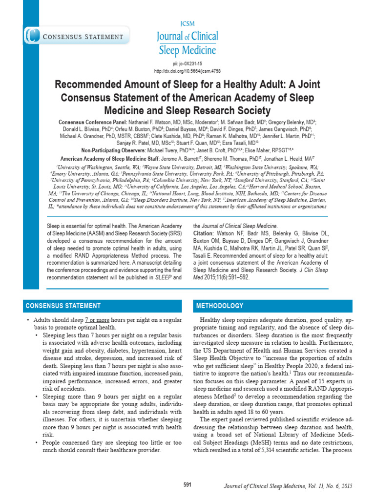 Recommended Amount of Sleep For A Healthy Adult A Joint Consensus ...
