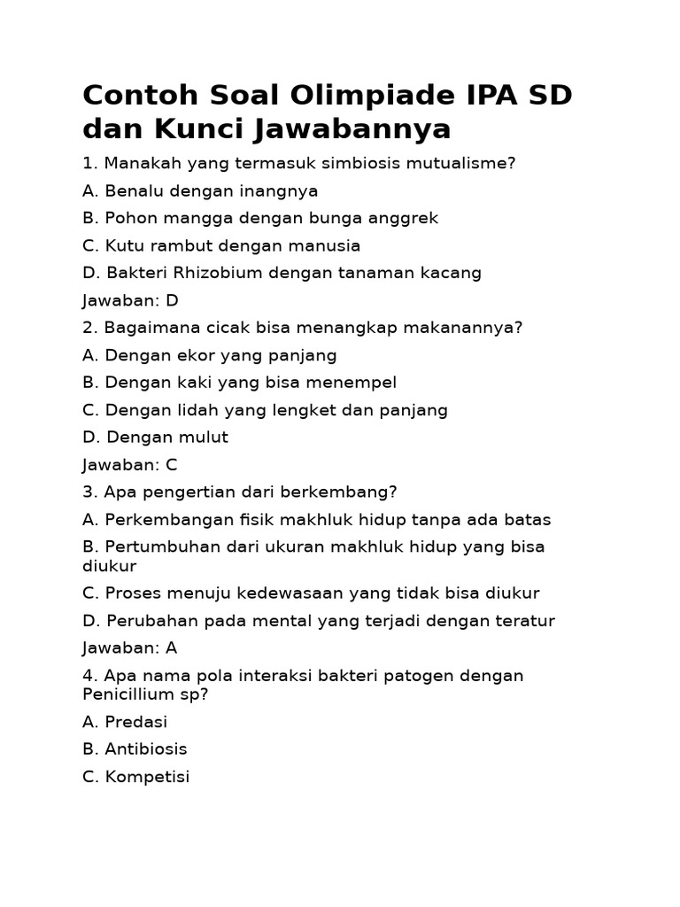 Contoh Soal Olimpiade IPA SD Dan Kunci Jawabannya | PDF