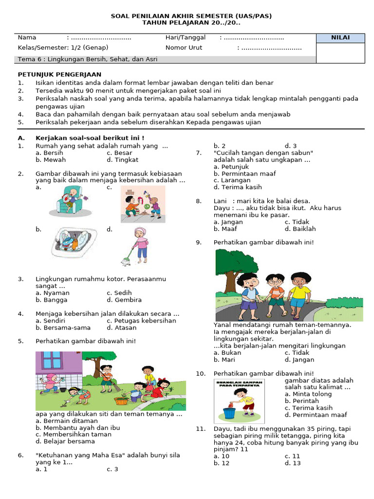 Soal PAS Kelas 1 Tema 6 - Kami Madrasah | PDF