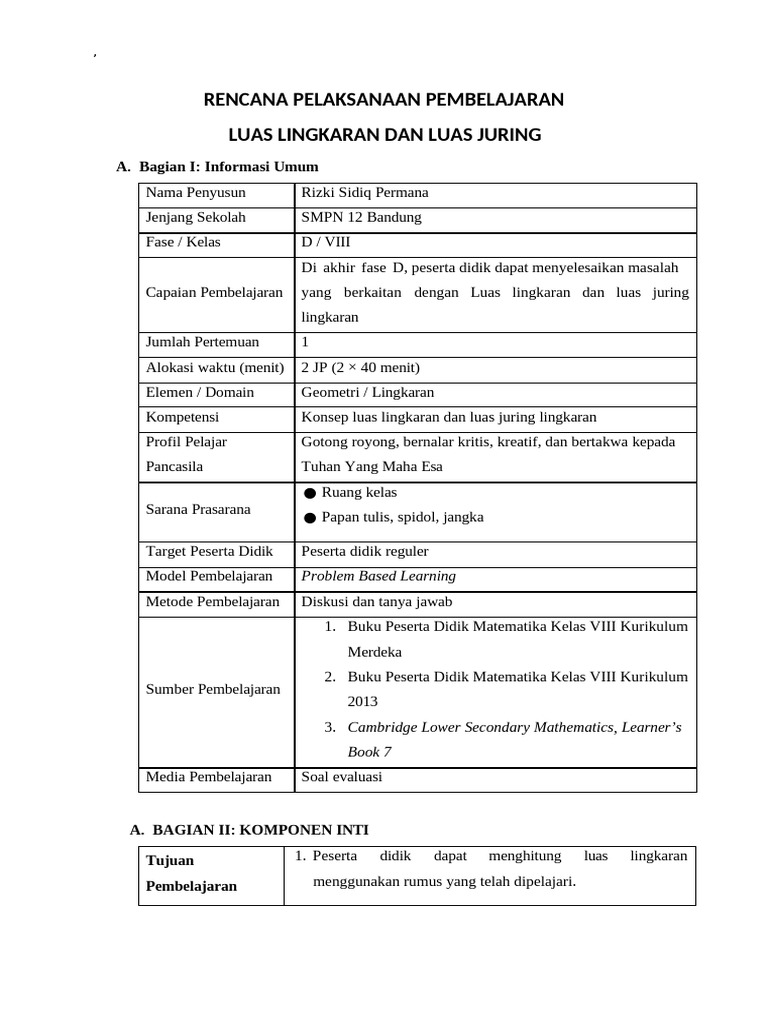 RPP Luas Lingkaran dan Juring SMP | PDF