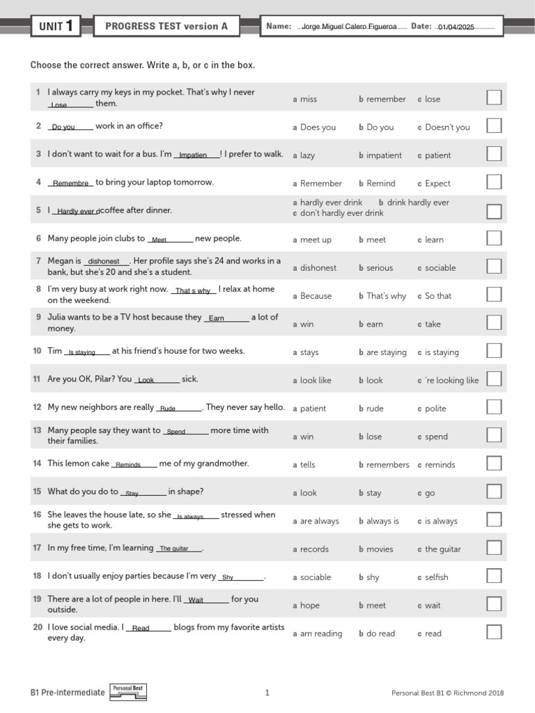 PB AmE B1 Unit Test U1 Version A | PDF