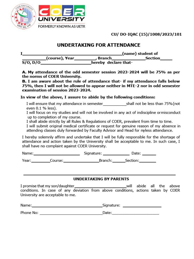 Attendance Undertaking COER - University | PDF