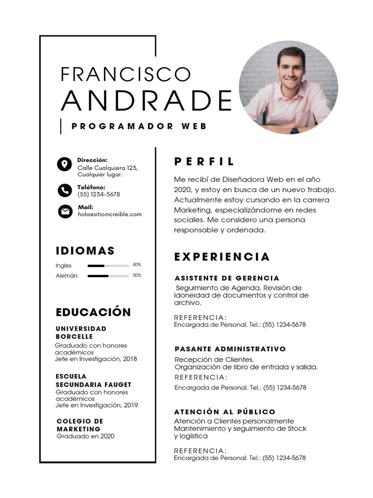 Curriculum Vitae Programador Web Minimalista Tipográfico Blanco y Negro ...