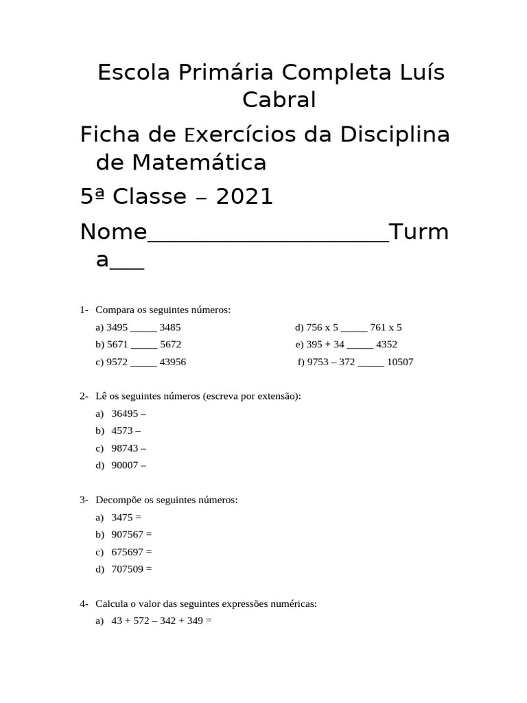 Exercícios de Matemática 5ª Classe 2021 | PDF