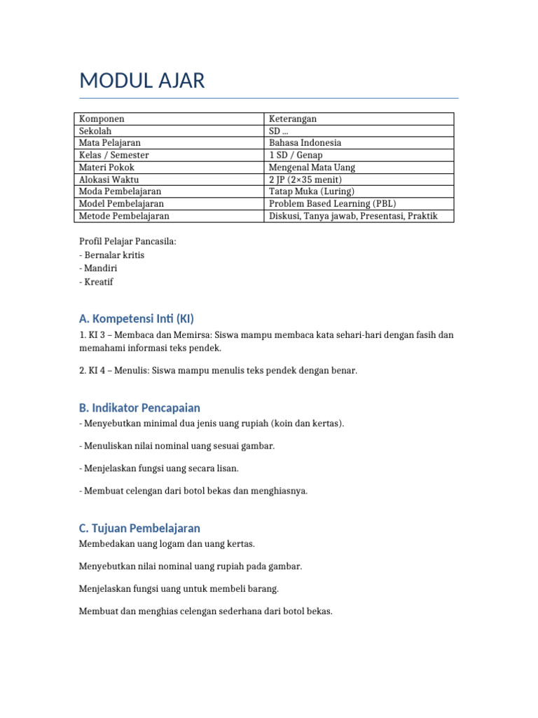 Modul Ajar Mengenal Mata Uang Tabel | PDF