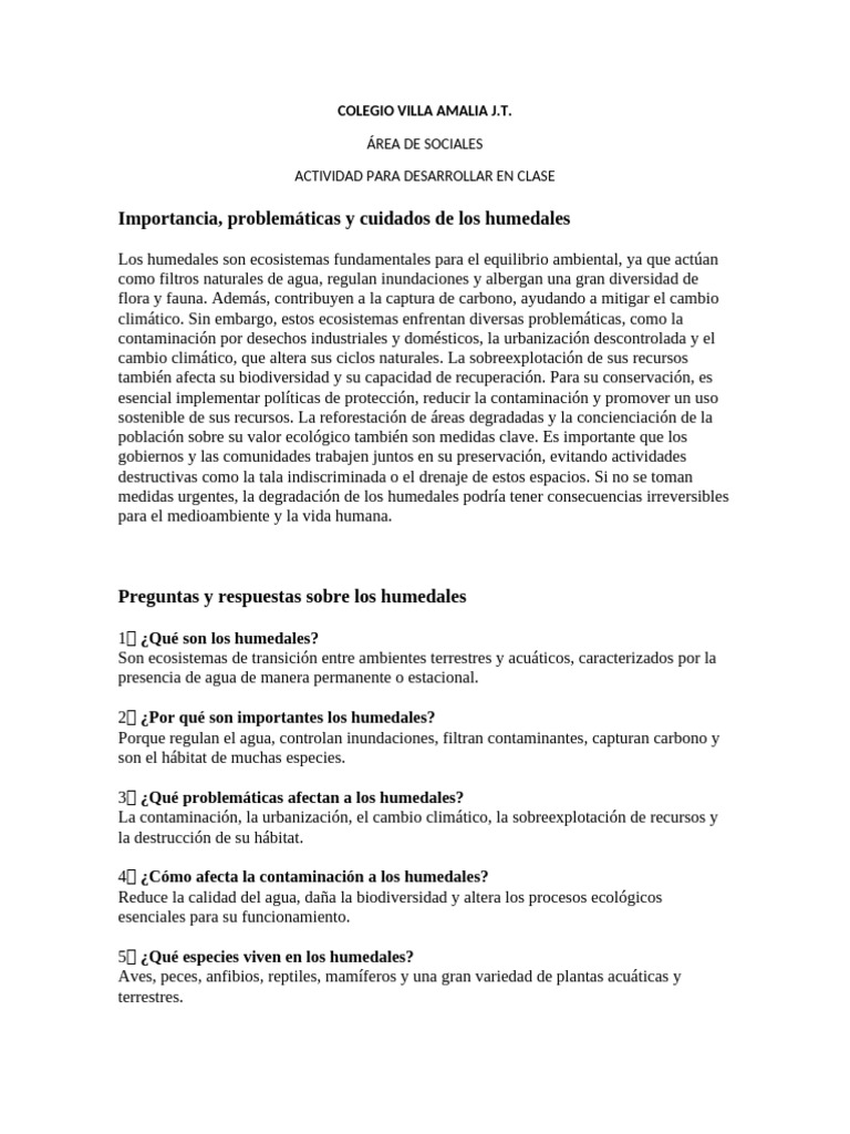 Actividad para Desarrollar en Clase - Los Humedales | PDF | Humedal ...