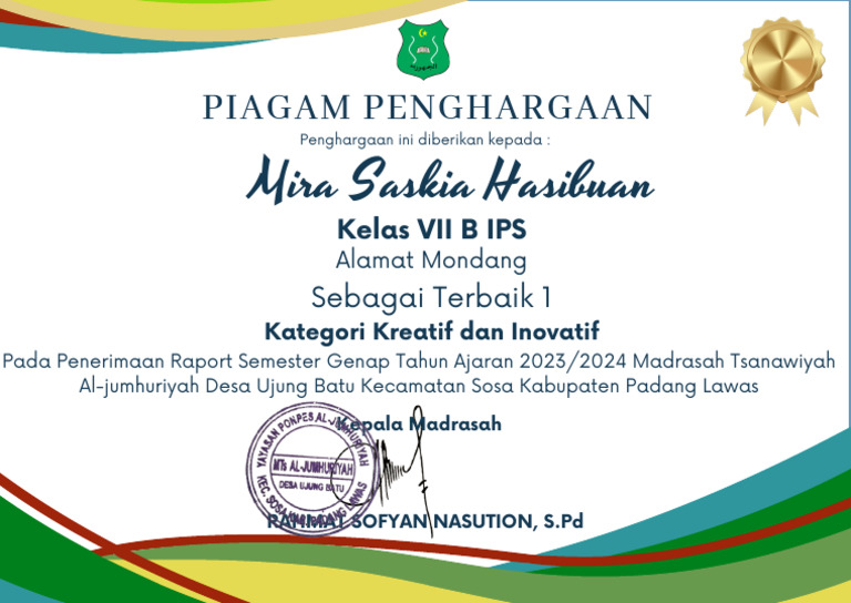 Putih Biru Sertifikat Piagam Penghargaan | PDF
