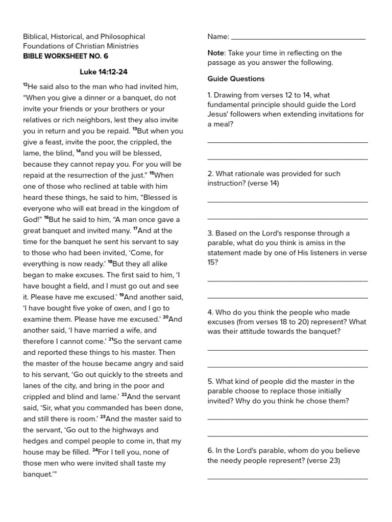 Bible Worksheet No. 6 Luke 14-12-24 | PDF | Gospel Of Luke | Bible