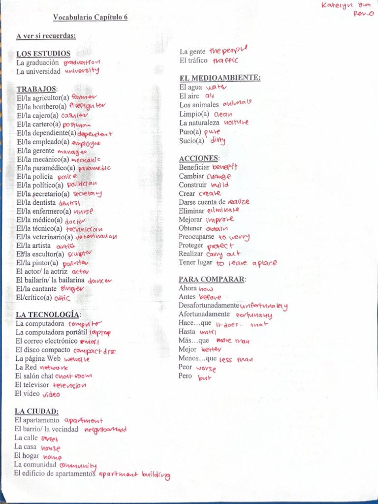 Vocabulario Capítulo 6 | PDF