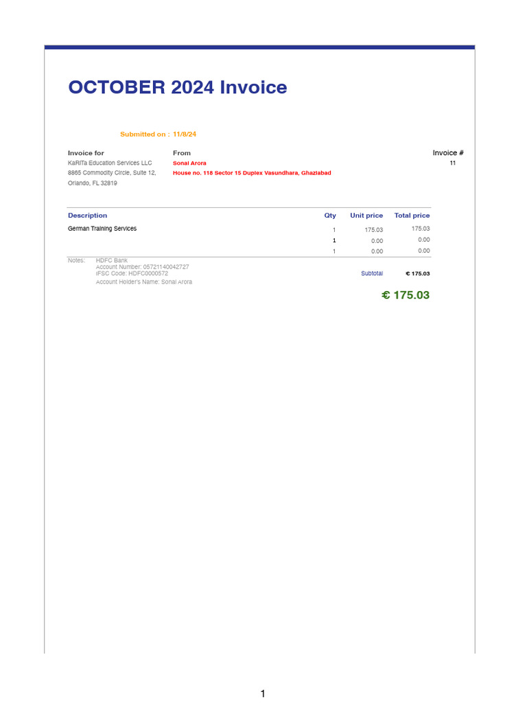 Invoice Sonal Arora October 2024 | PDF