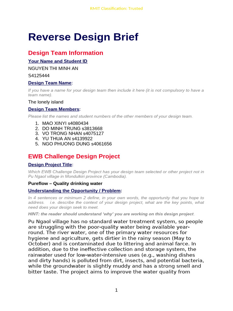 OENG1181 - Assessment 1 Reverse Design Brief - Template - 2023C | PDF ...