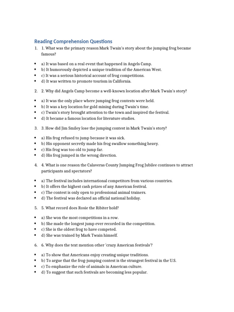 Reading Comprehension Questions | PDF | Mark Twain