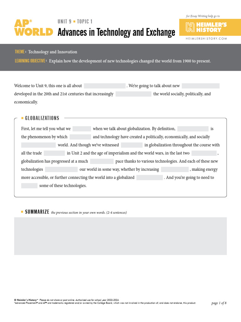 AP World Unit 9 Topic 1 NoteGuide | PDF | Agriculture | Intensive Farming