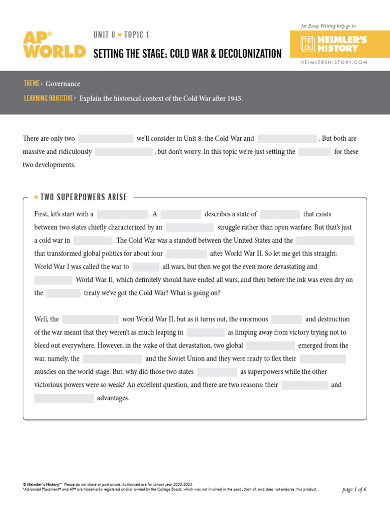 AP World Unit 8 Topic 1 NoteGuide | PDF | Cold War | Decolonization