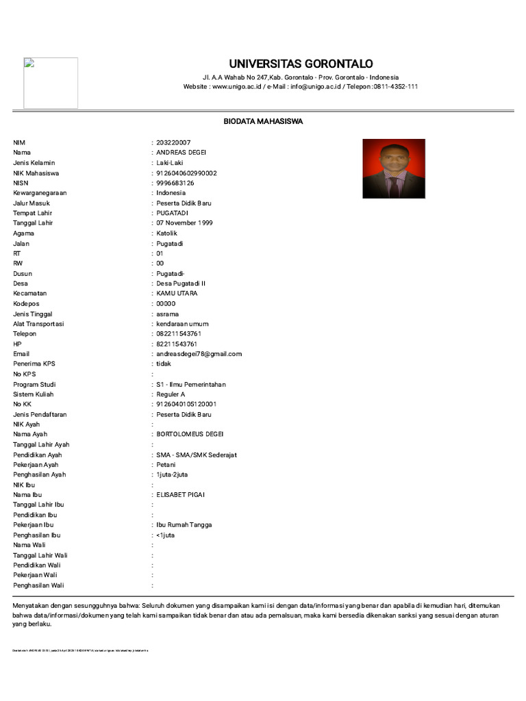 Biodata Mahasiswa Andreas Degei | PDF