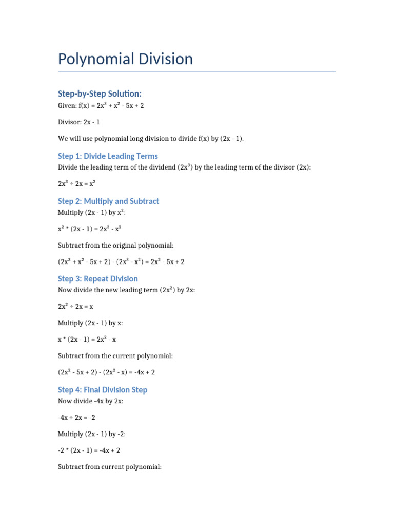 Polynomial Division by Long Division | PDF