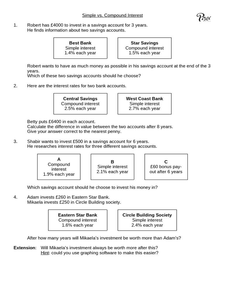 Simple vs. Compound Interest Worksheet | PDF
