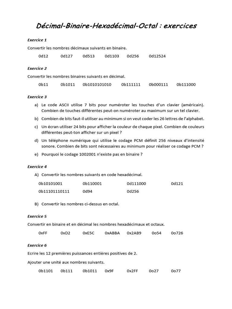 Exercices de conversion numérique avancés | PDF | Codage des caractères ...