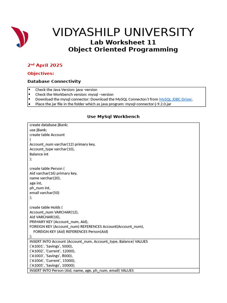 J Worksheet 11 Database Connectivity | PDF | My Sql | Sql