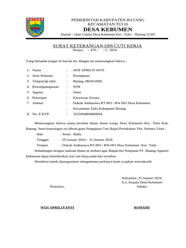 Surat Keterangan Ijin Kerja | PDF