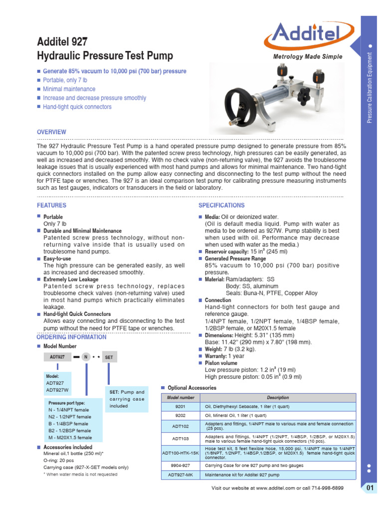 Additel 927 Hydraulic Test Pump Overview | PDF | Pump | Pressure